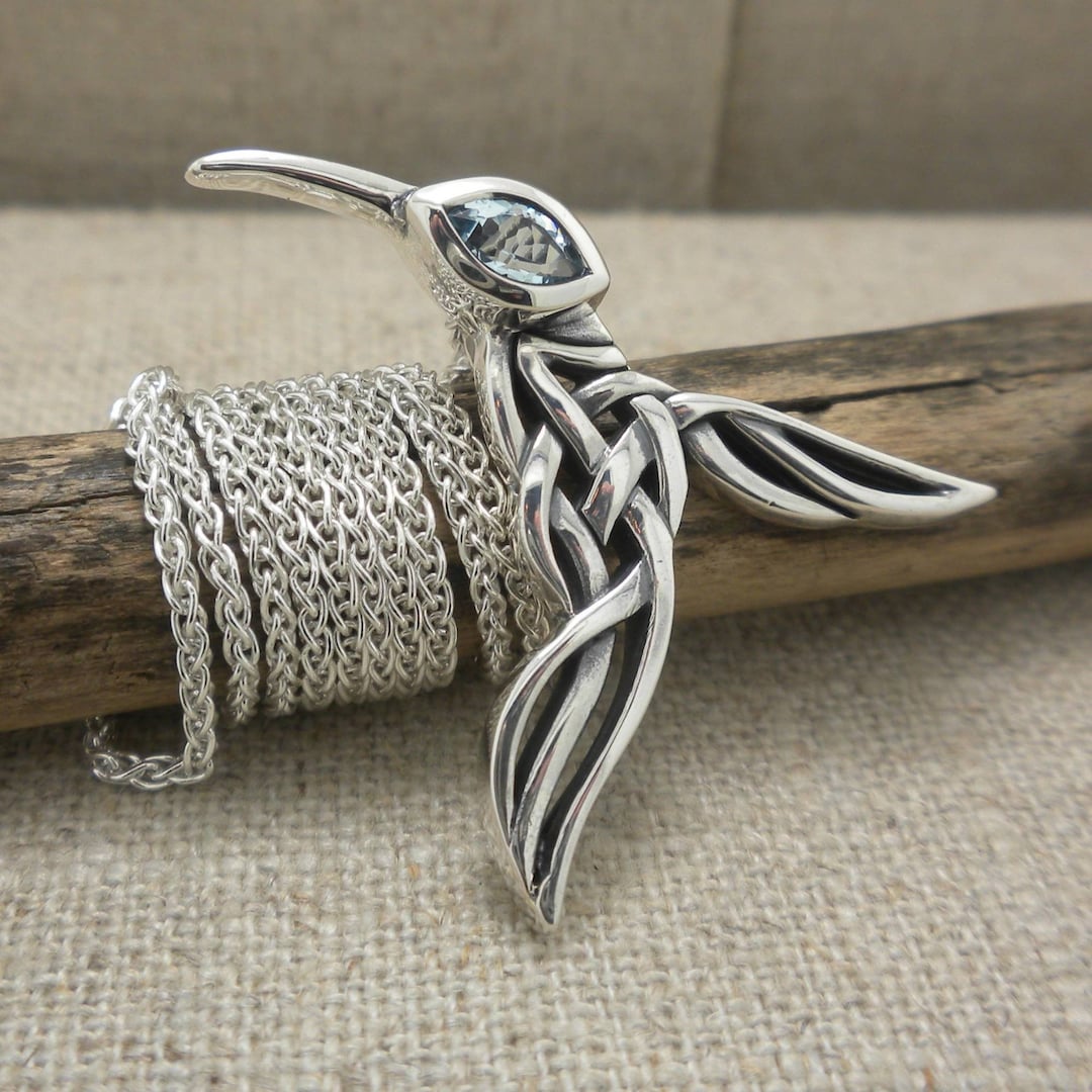 Sterling Silver Celtic Hummingbird Pendant With Blue Topaz Eye 925 18 ...