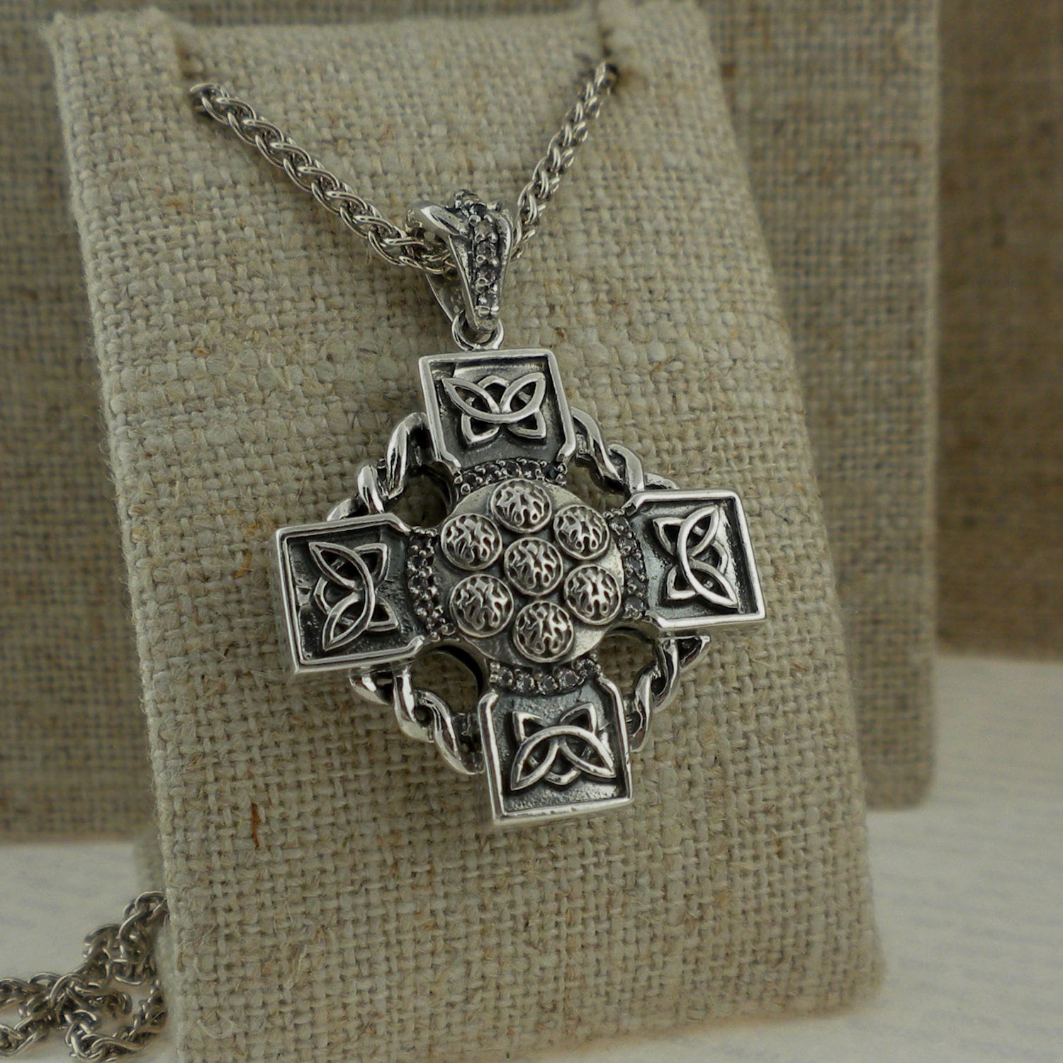 Oxidized Sterling Silver Celtic Wheel Cross Pendant With White - Etsy