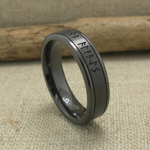 Custom Viking Rune Wedding Ring in Black Zirconium Personalized Rune ...