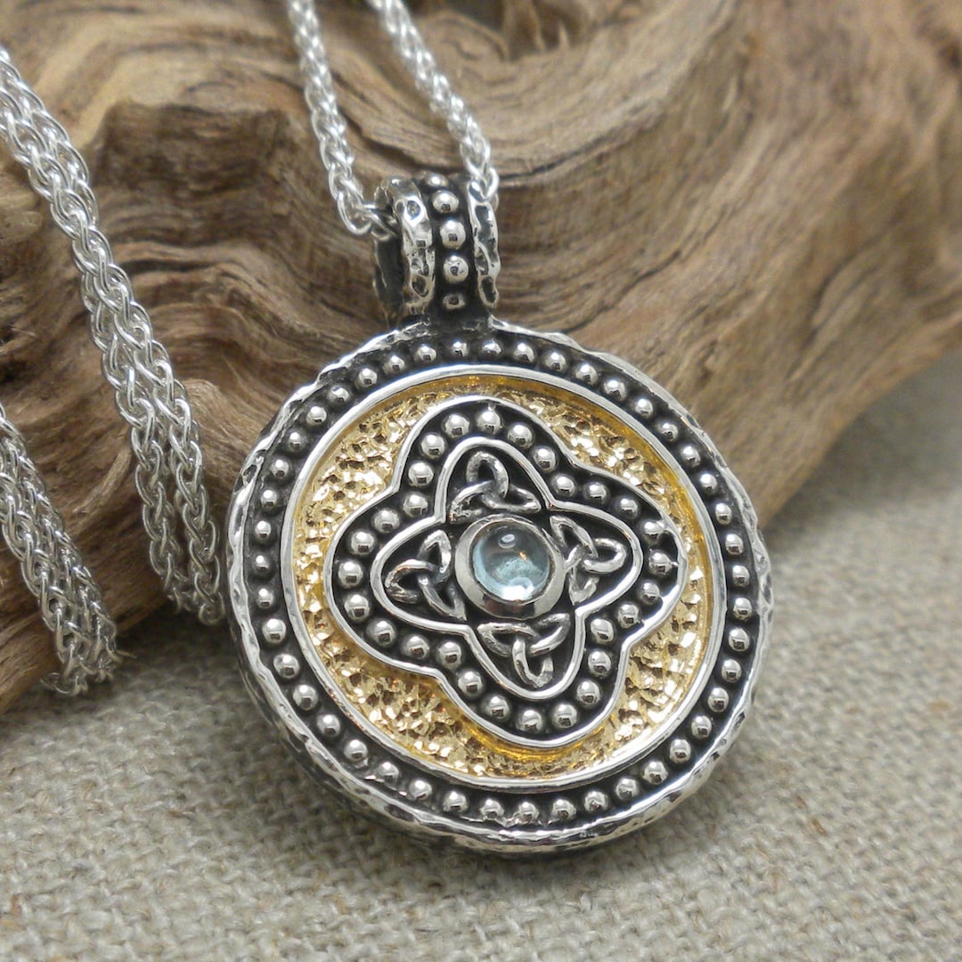 Celtic Shield Medallion Pendant: Blue Topaz, Sterling Silver & 14K Gold ...
