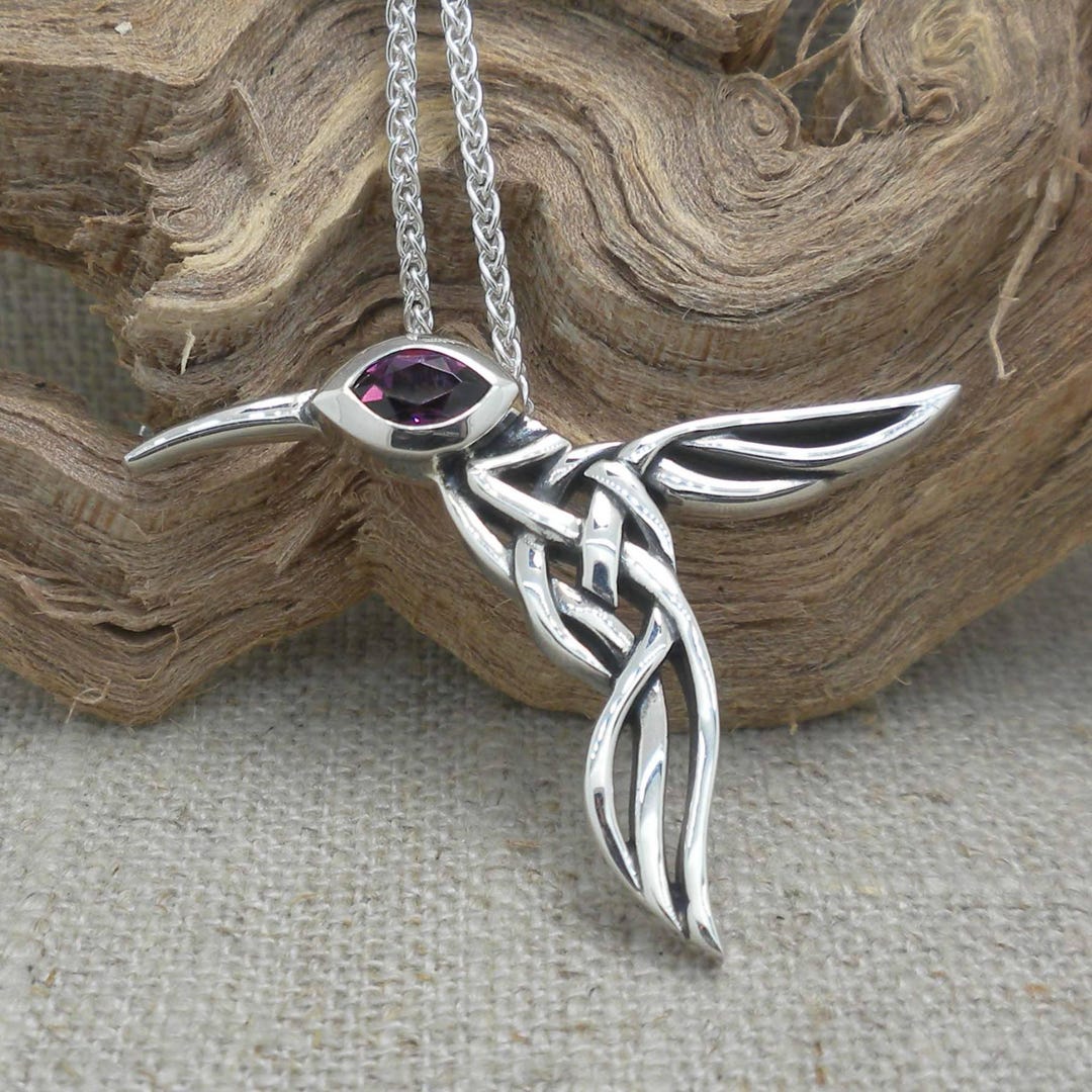 Sterling Silver Celtic Hummingbird Pendant With Rhodolite Eye 925 18 ...