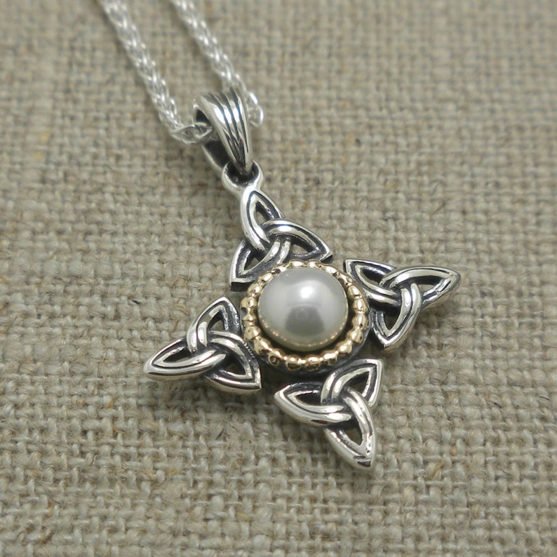Sterling Silver Celtic Cross Pendant, 10K Pearl Aphrodite Trinity Knot ...