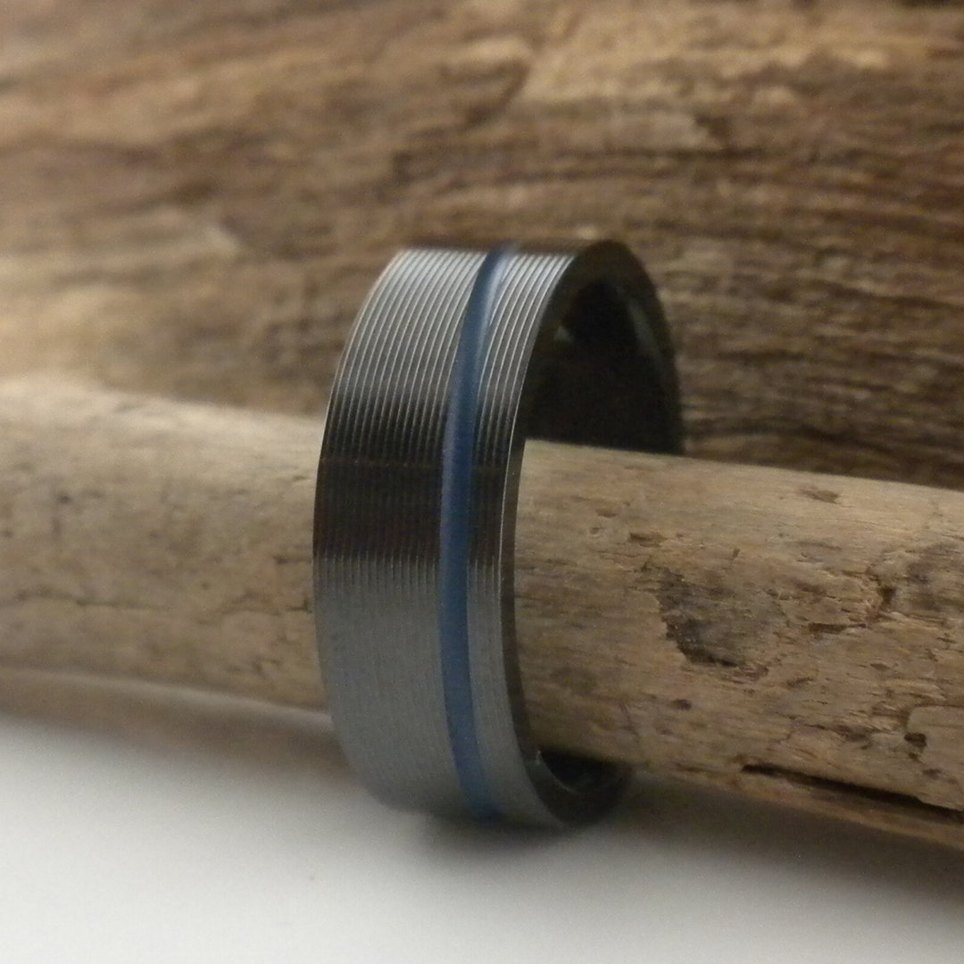 Size 7.5 Flat Profile Thin Blue Line Wedding Ring in Black Zirconium, 7 ...
