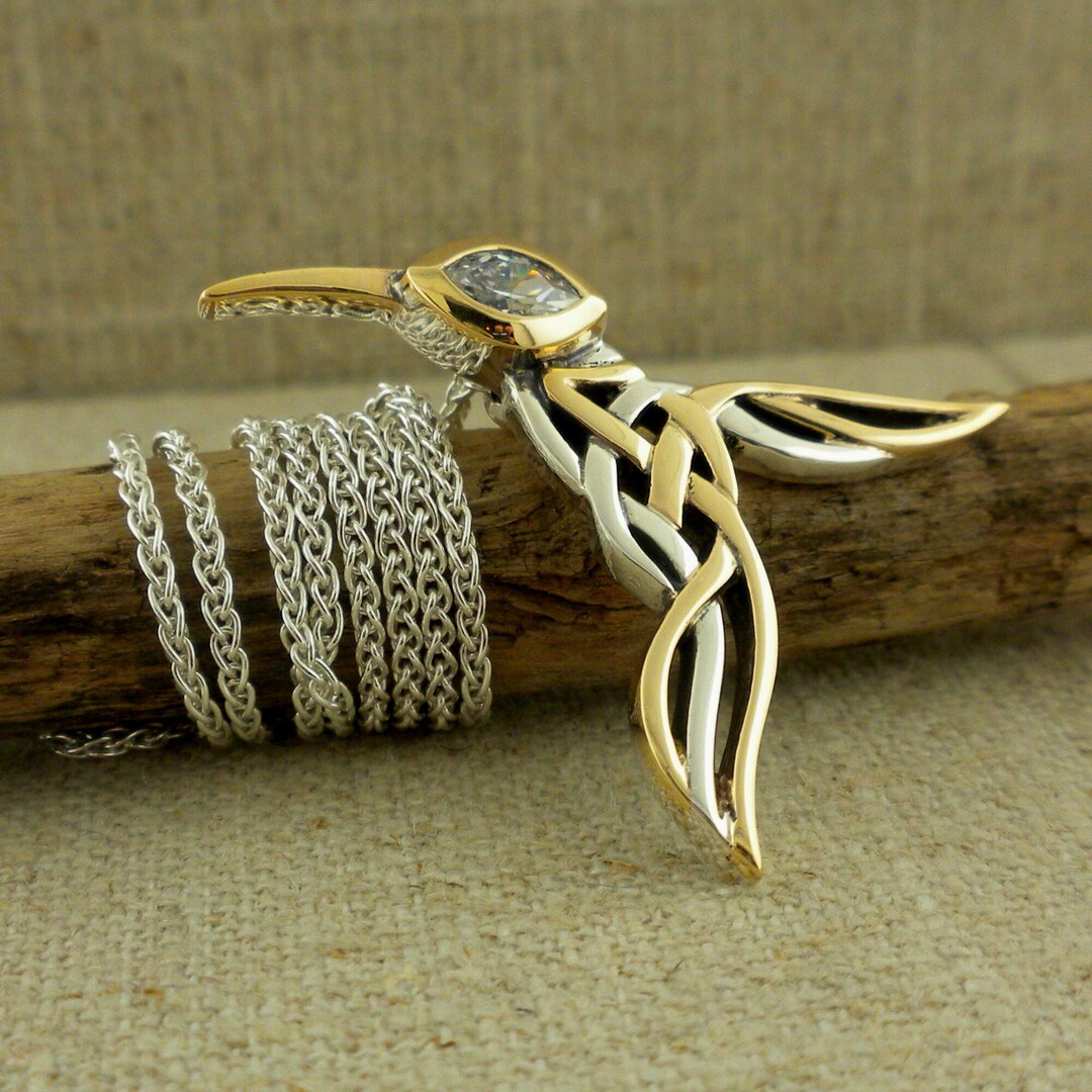 Sterling Silver & 10K Yellow Gold Celtic Hummingbird Pendant With CZ ...