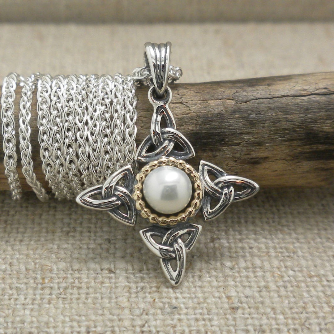 Sterling Silver Celtic Cross Pendant, 10K Pearl Aphrodite Trinity Knot ...