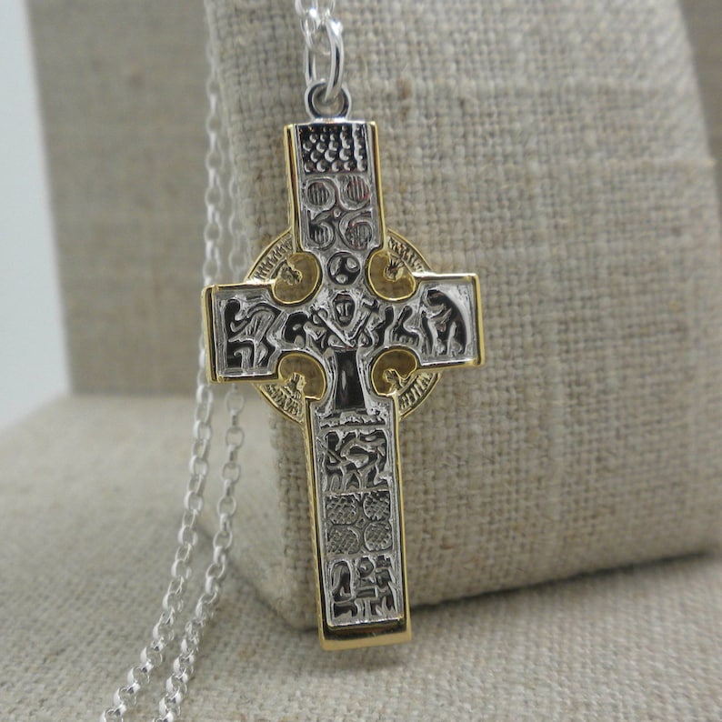 Sterling Silver Celtic Cross of Durrow - Gold Plate Accent, Irish ...