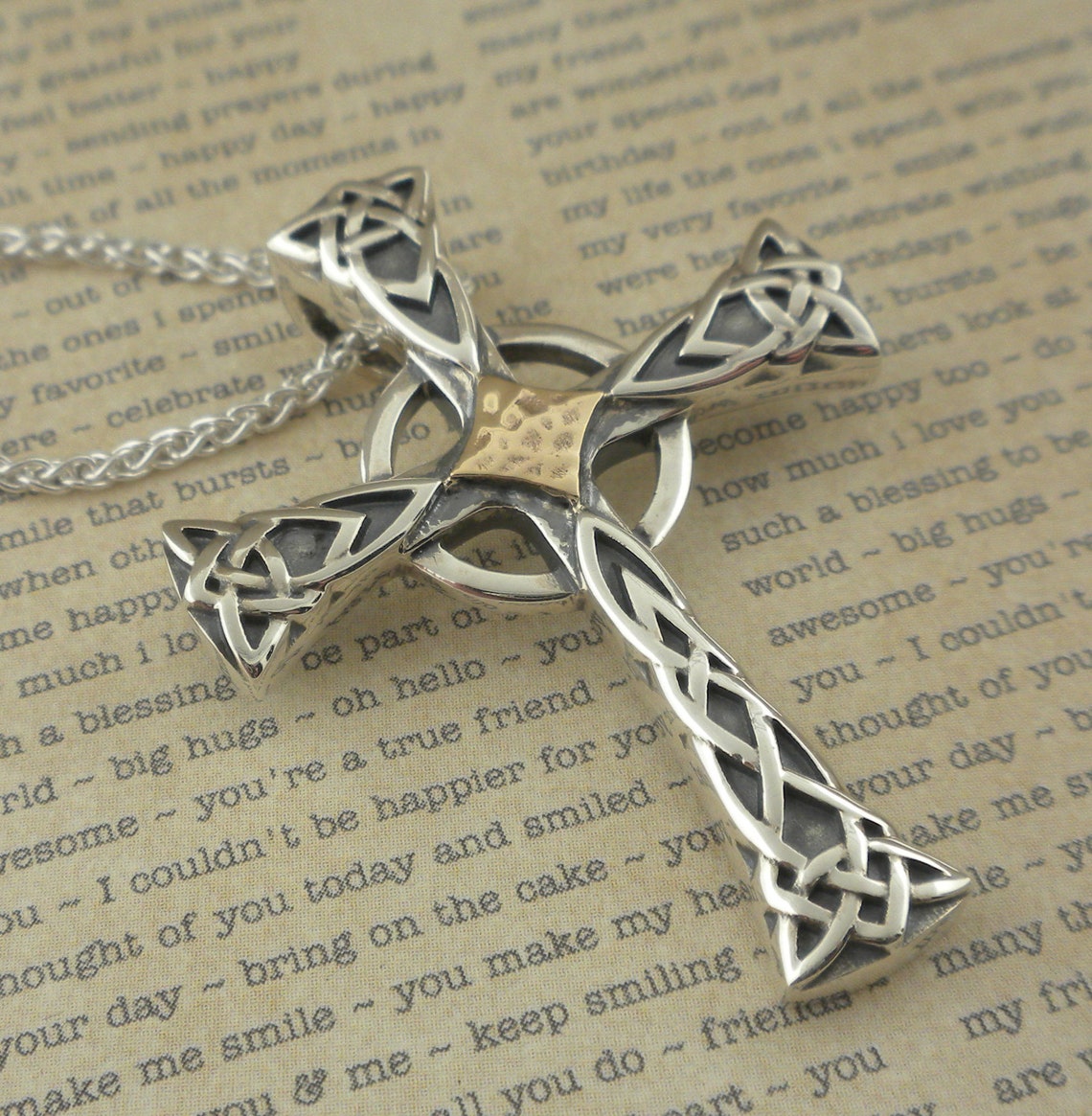 Sterling Silver Celtic Knot Cross Pendant, 10K Hammered Center by Keith ...
