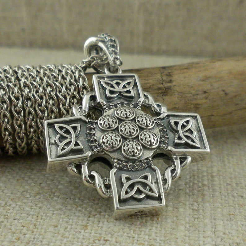 Oxidized Sterling Silver Celtic Wheel Cross Pendant With White - Etsy