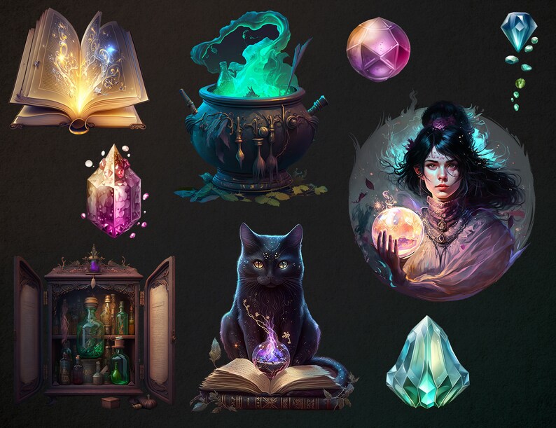 Witchcraft Clipart, Witch Clip Art, Magic Spellbook, Gems, Crystals ...