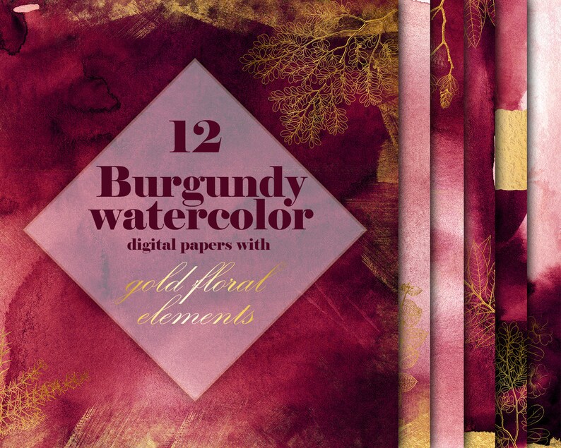 Floral Burgundy Watercolor Digital Paper Clipart Papers With - Etsy