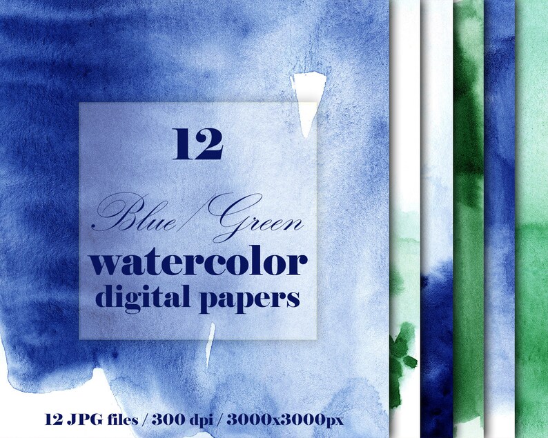 Blue and Green Watercolor Digital Paper Clipart, Paint Texture ...