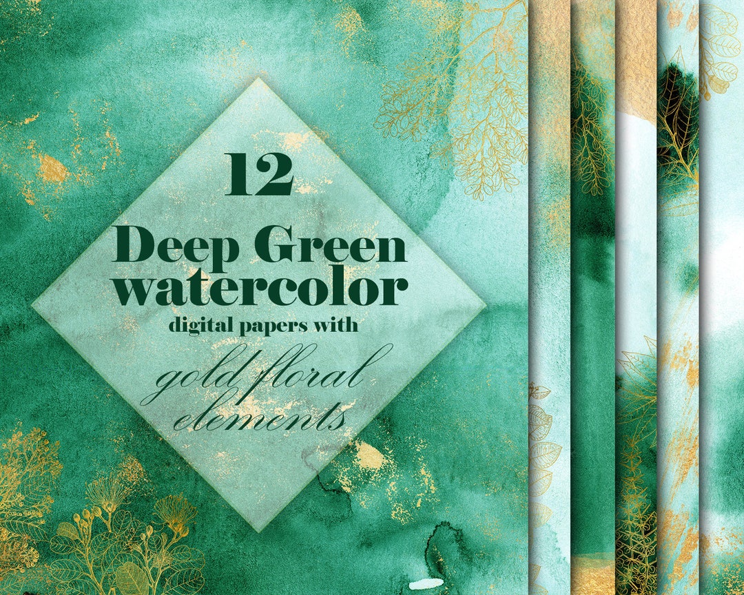 Floral Watercolor Digital Paper Clipart, Deep Green Papers With Gold ...