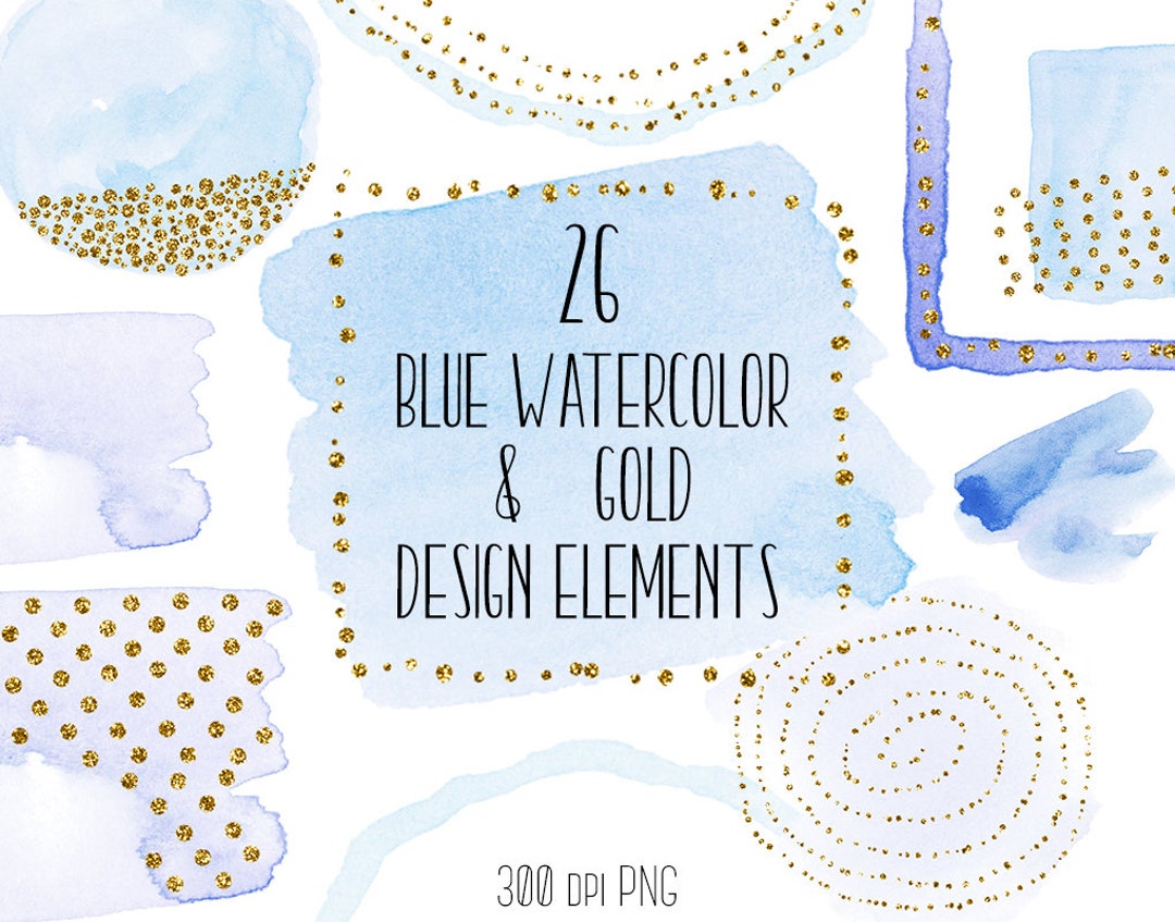 Gold Blue Watercolor Design Elements, Watercolor Overlays, Gold Glitter ...
