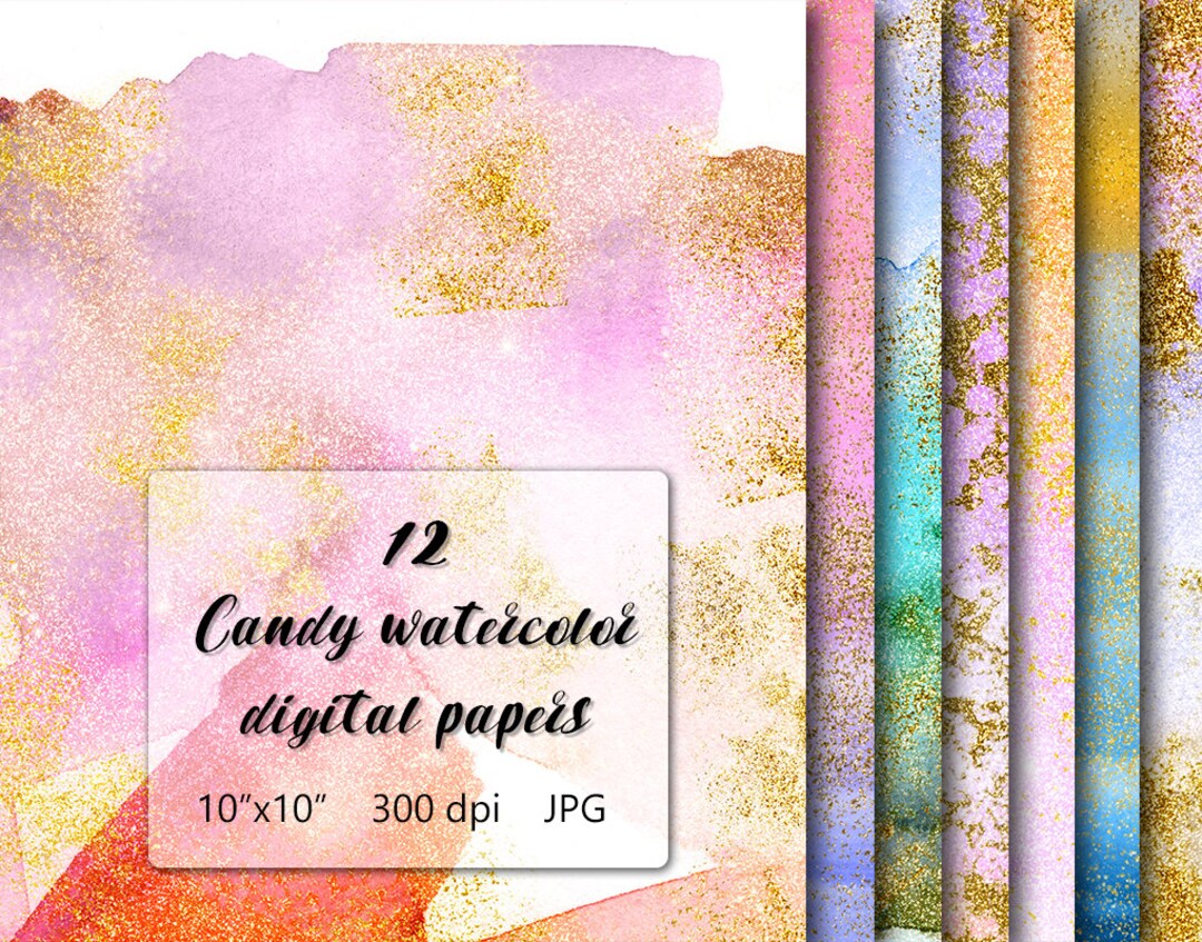 Candy Watercolor Digital Paper Clip Art, Gold Glitter Papers, Gold ...