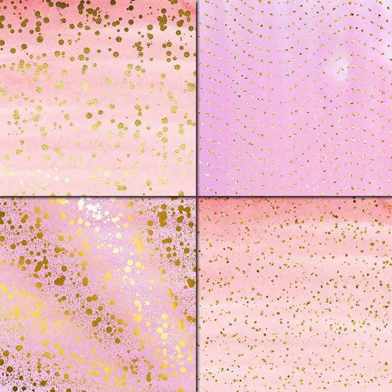 Pink Watercolor With Gold Dots, Watercolor Digital Paper Clipart, Gold ...