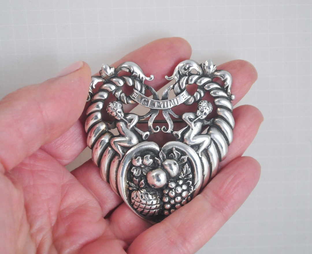 Large Cini Sterling Silver Zodiac Gemini Heart Brooch - Etsy