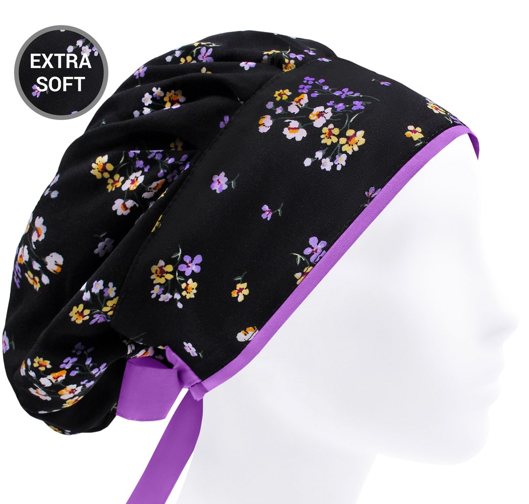 Surgical Cap Women, Scrub Hats, Surgery Caps, Nurse Hat, Black Floral ...
