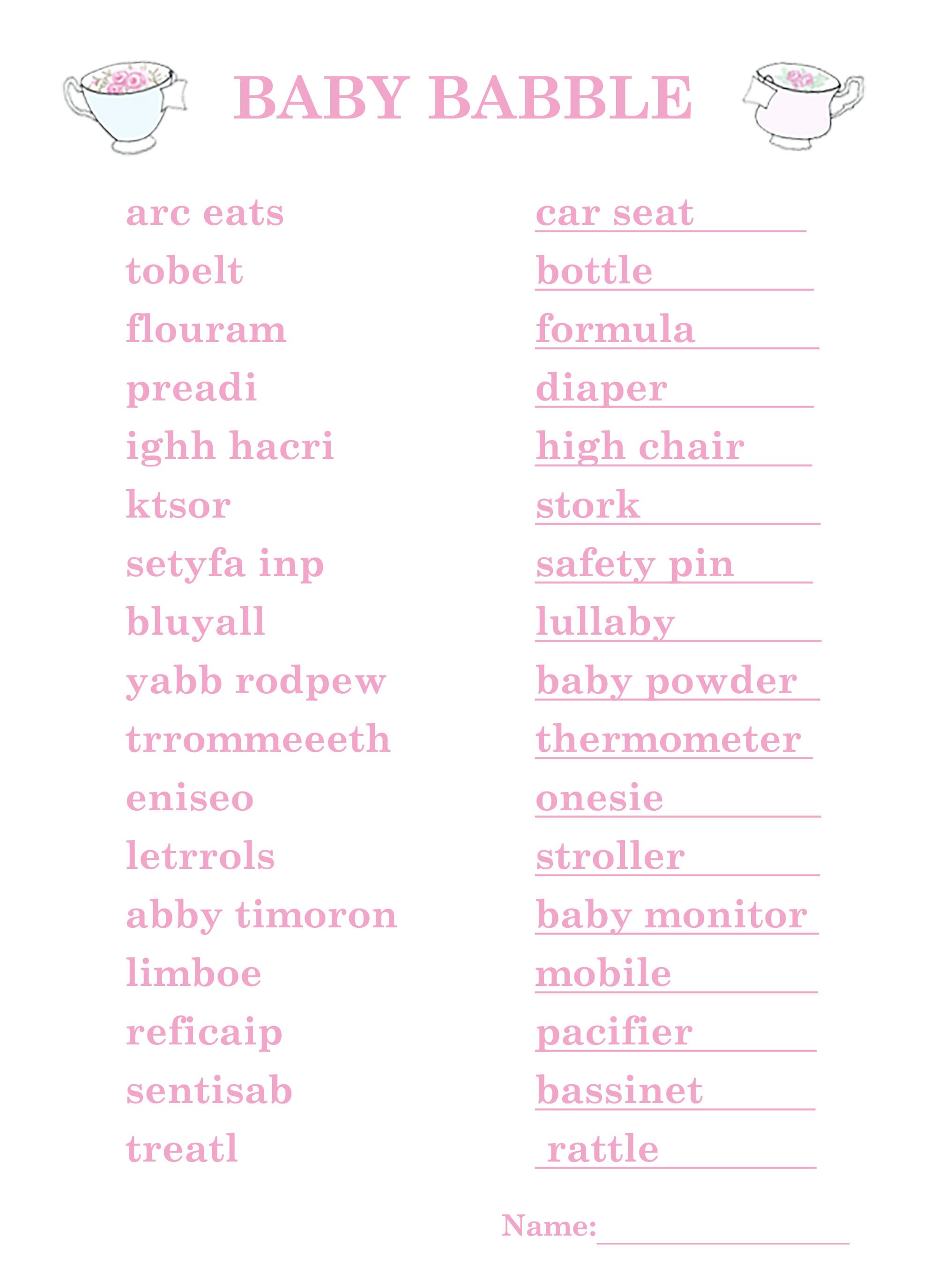 Baby Shower Game Baby Babble, Word Scramble, Fun High Tea Teacup Floral ...