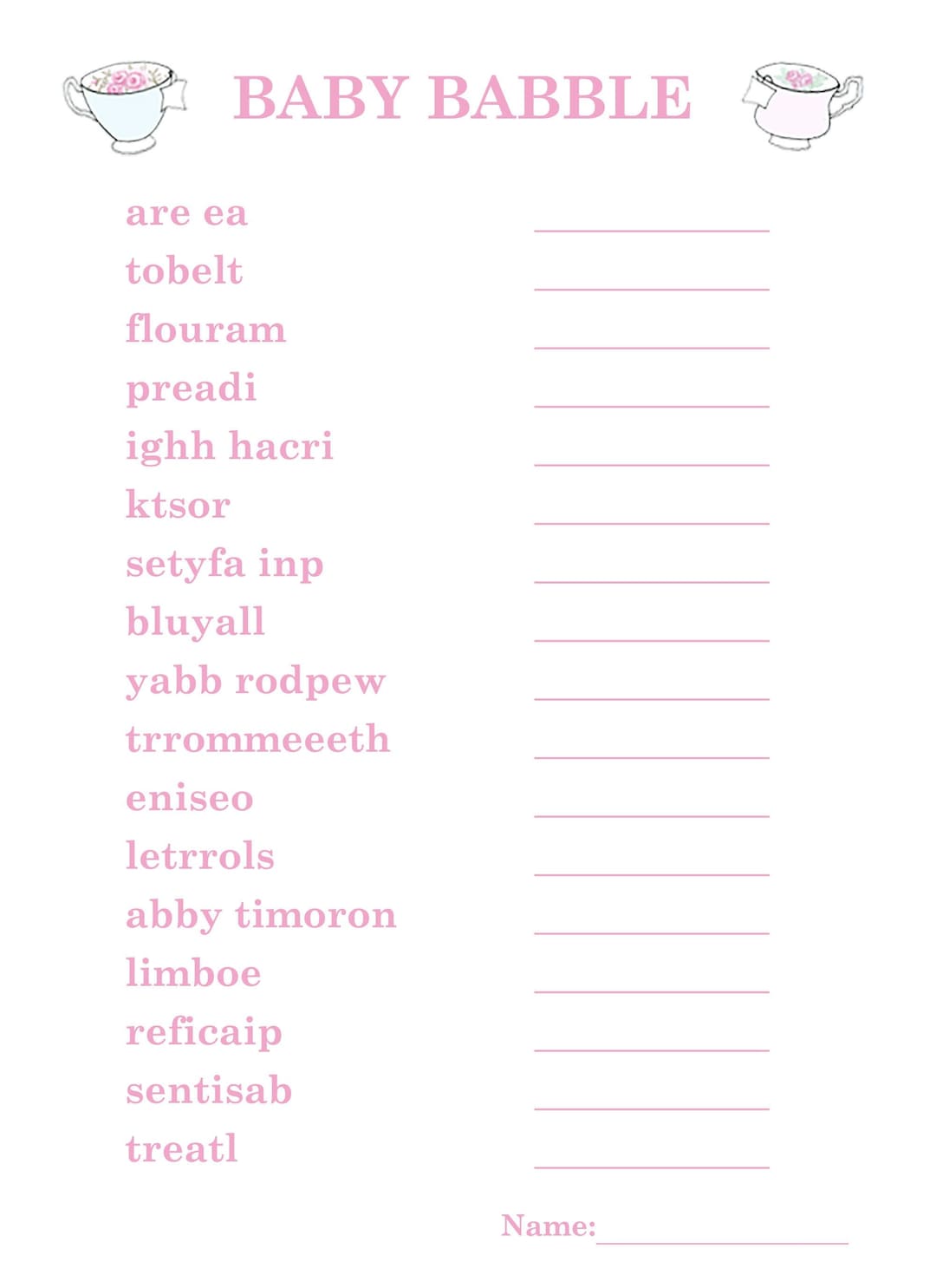 Baby Shower Game Baby Babble, Word Scramble, Fun High Tea Teacup Floral ...