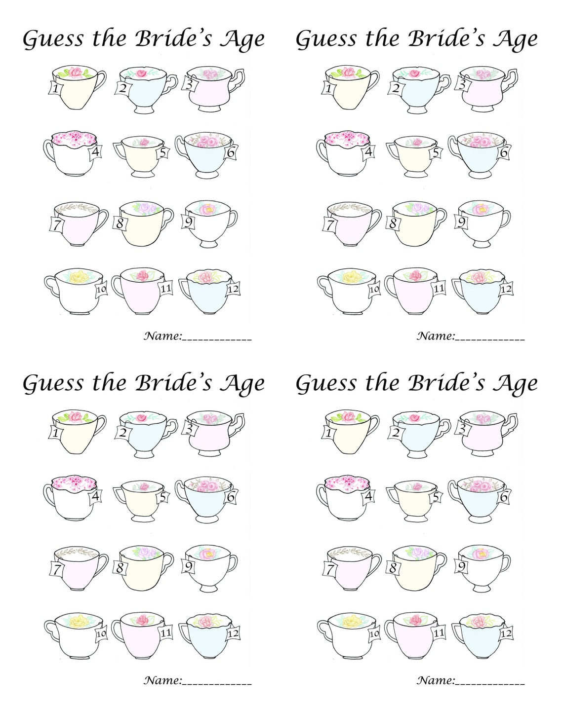 Bridal Shower Game, Guess the Bride's Age Answer Sheet, High Tea Teacup ...