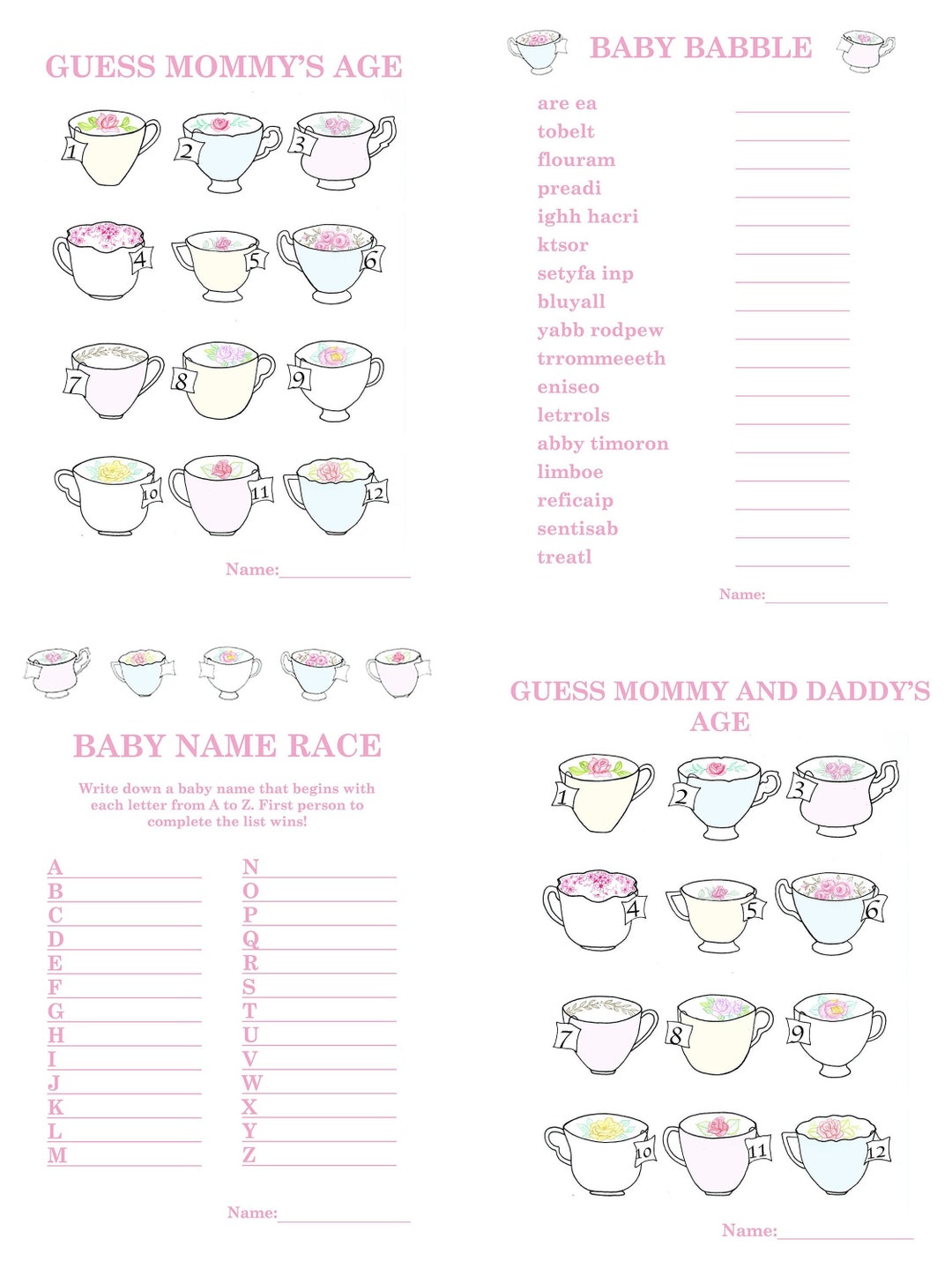 Baby Shower Game Bundle, Guess Mommy's Age, Baby Babble, Baby Name Race ...
