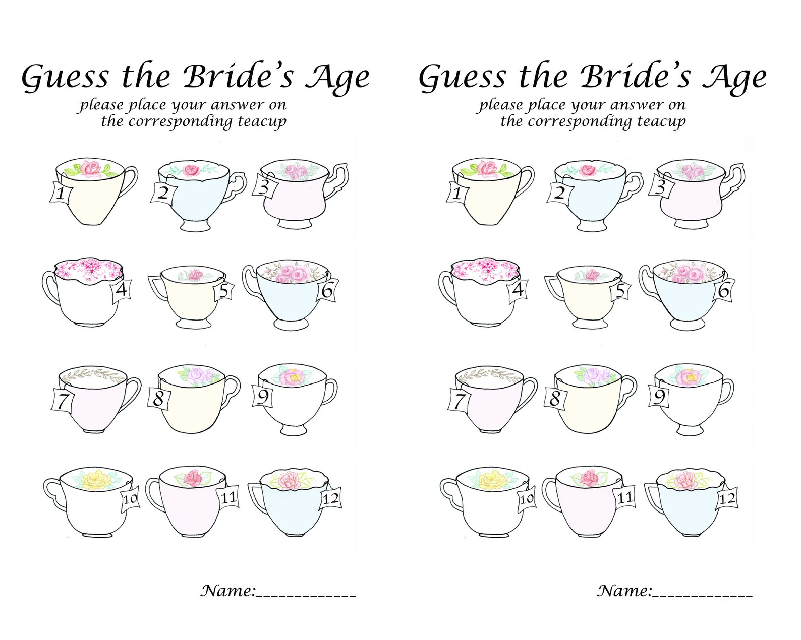 Bridal Shower Game, Guess the Bride's Age Answer Sheet, High Tea Teacup ...