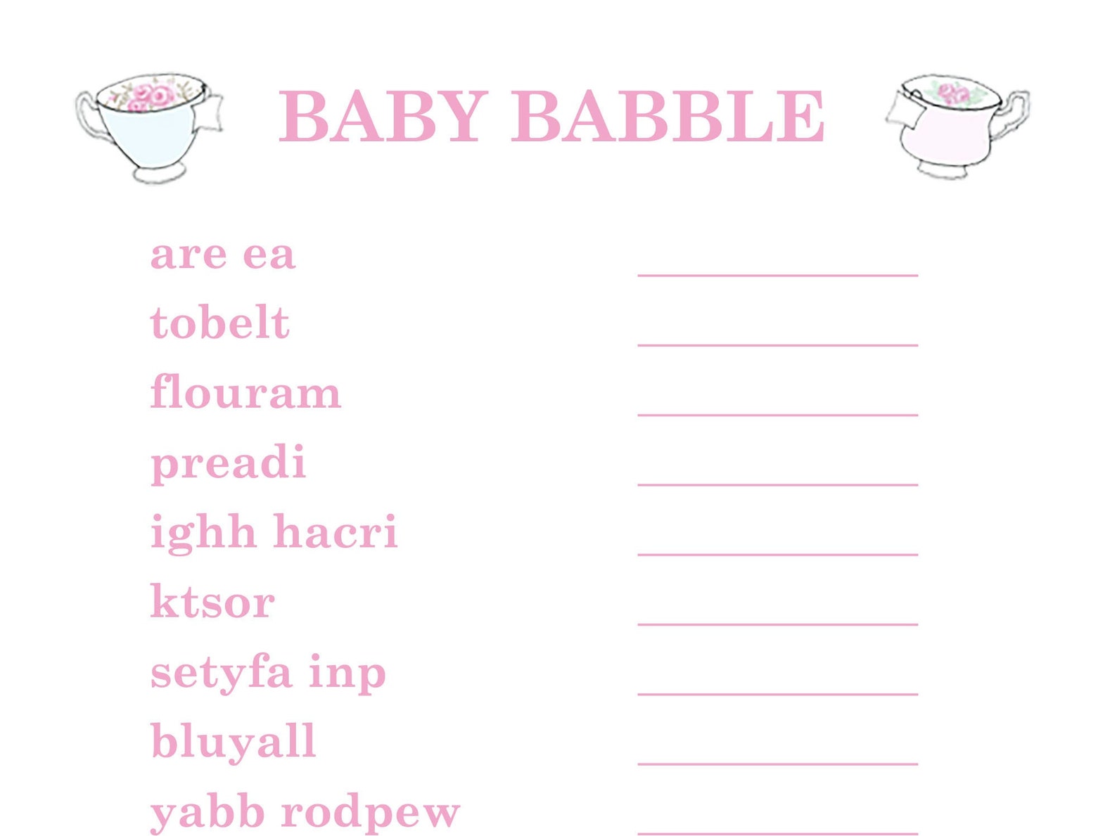 Baby Shower Game Baby Babble, Word Scramble, Fun High Tea Teacup Floral ...