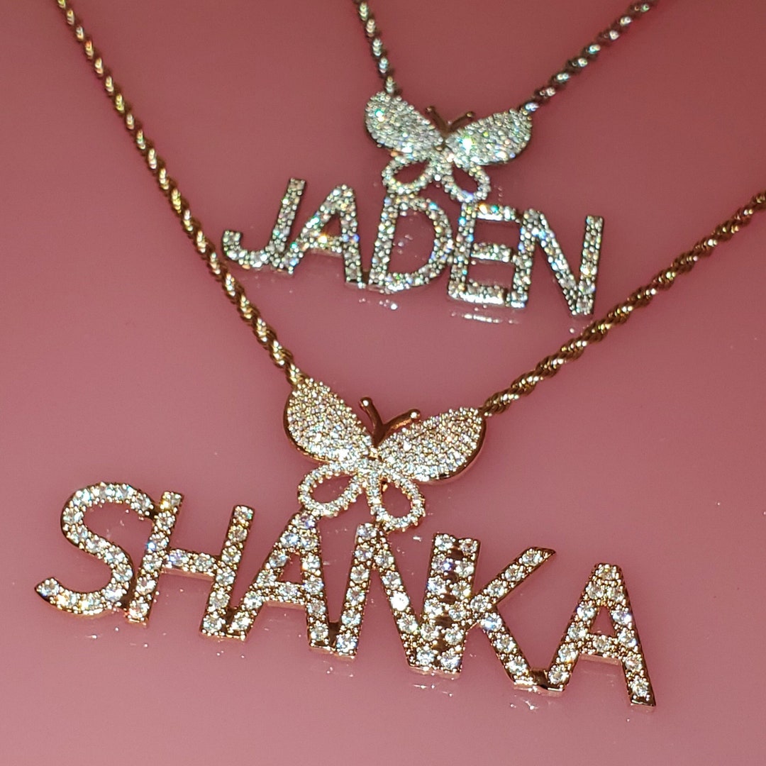 Icy Butterfly Name Necklace,custom Name Plate,bling Zirconia Diamond ...