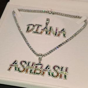 Multi-colors Stones Nameplate With Tennis Chain,personalized Letters ...