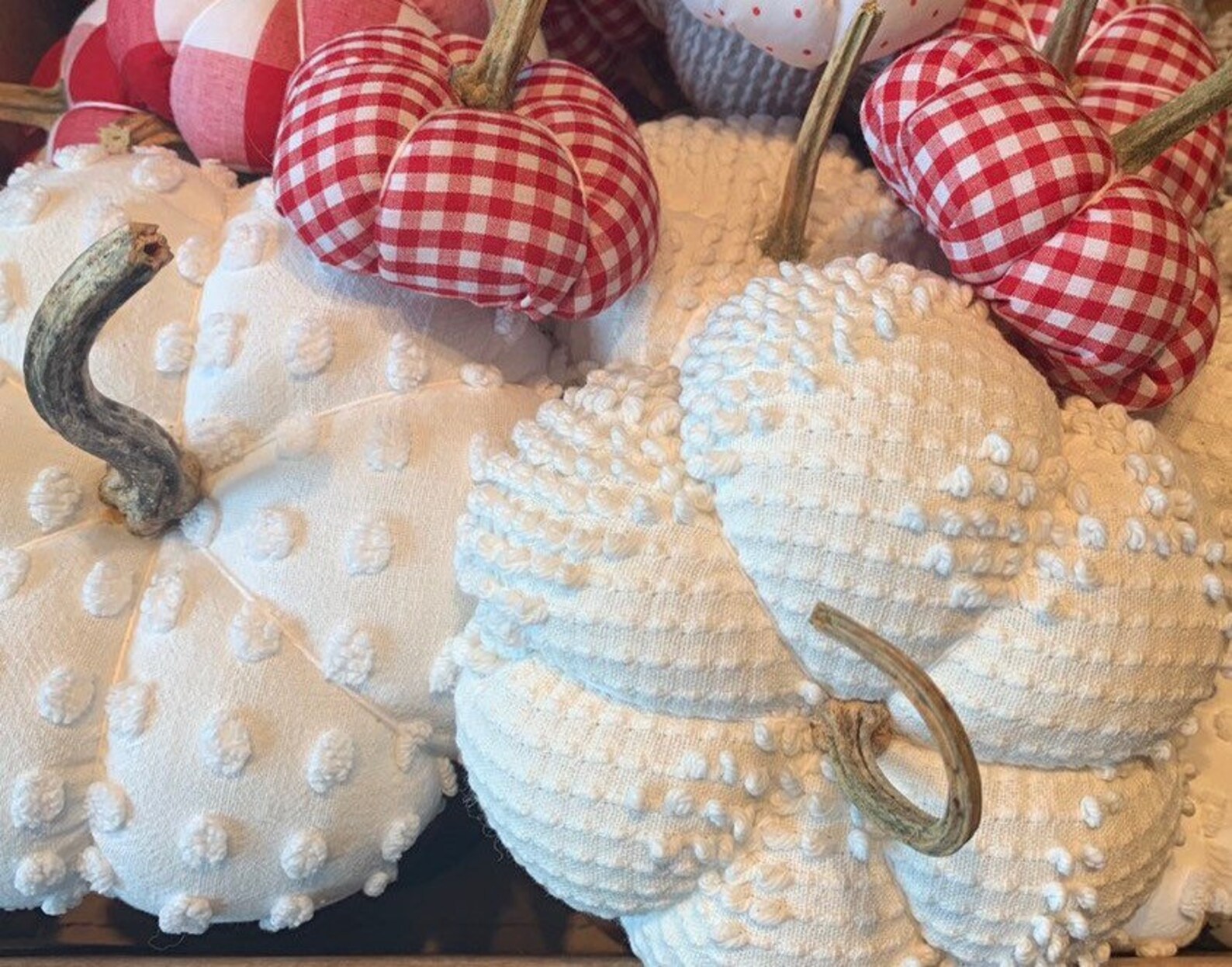 Farmhouse Style Fabric Pumpkins, Chenille Pumpkins, Buffalo Check Decor ...