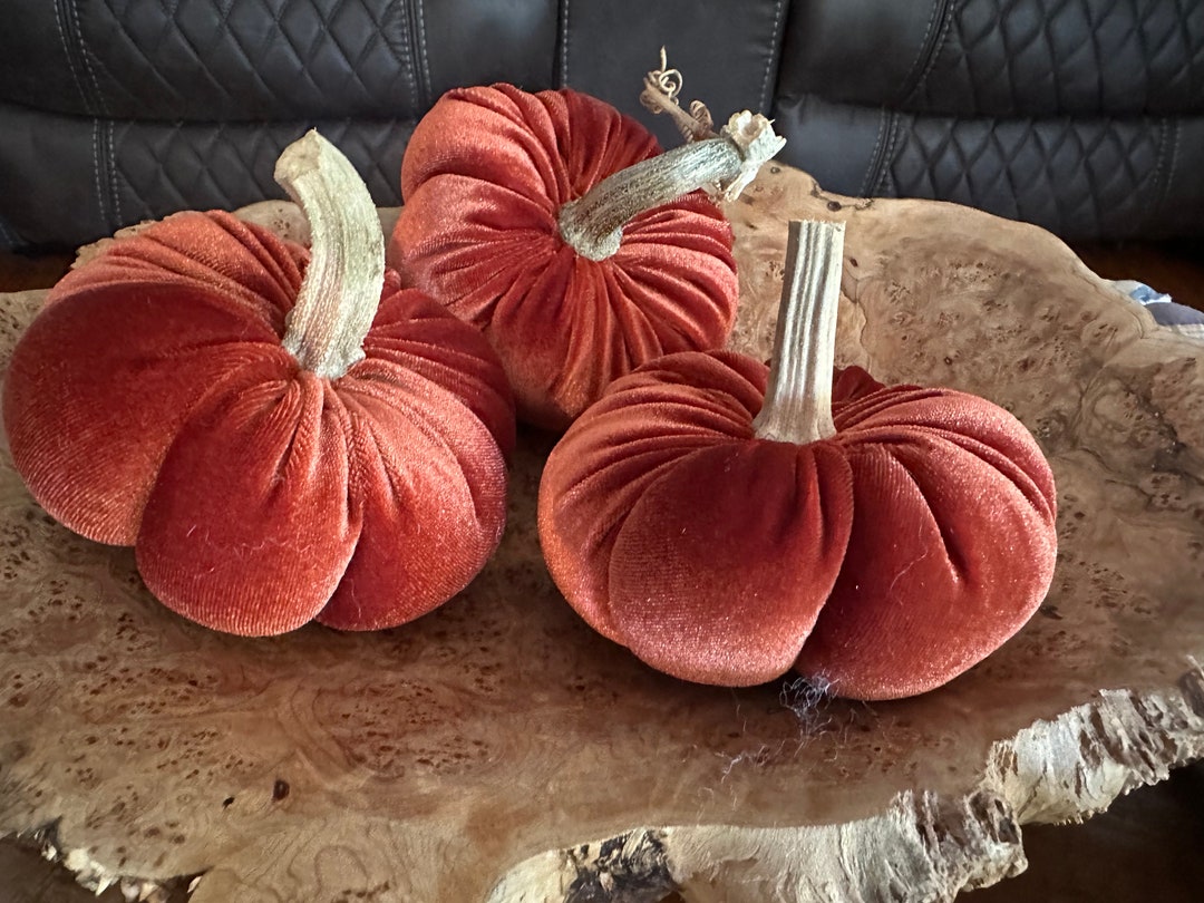 Burnt Orange Velvet Pumpkins With Real Stems, Velvet Acorns, Thanksgiving Decor, Farmhouse Decor ...