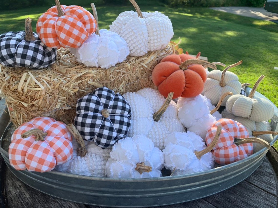 Farmhouse Style Fabric Pumpkins, Chenille Pumpkins, Buffalo Check Decor ...