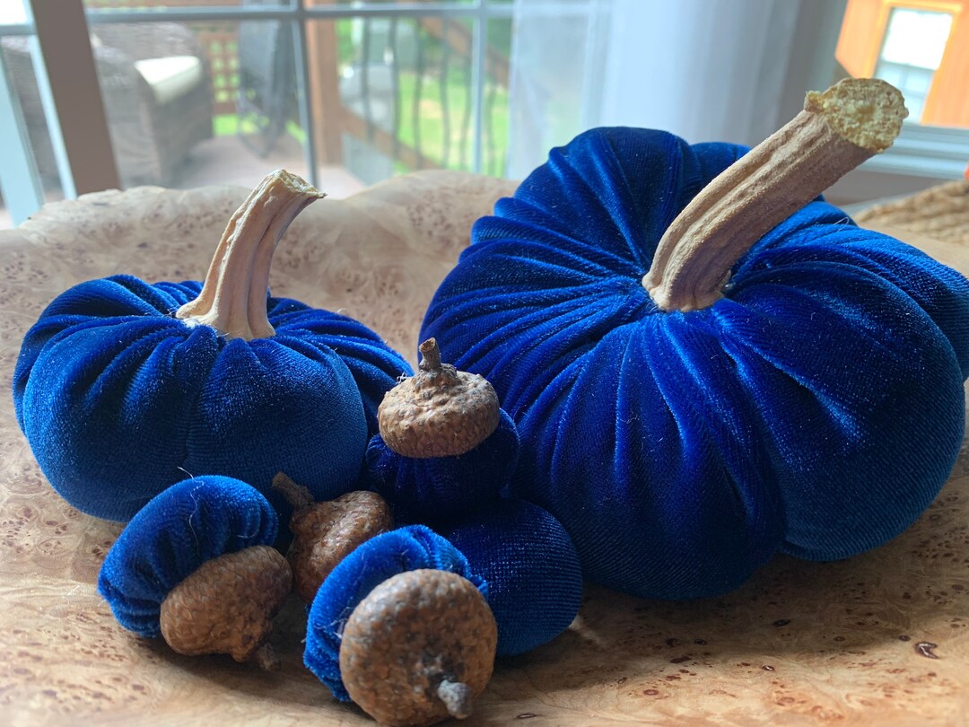 Blue Velvet Pumpkins With Real Stems, Velvet Acorns, Thanksgiving Decor ...