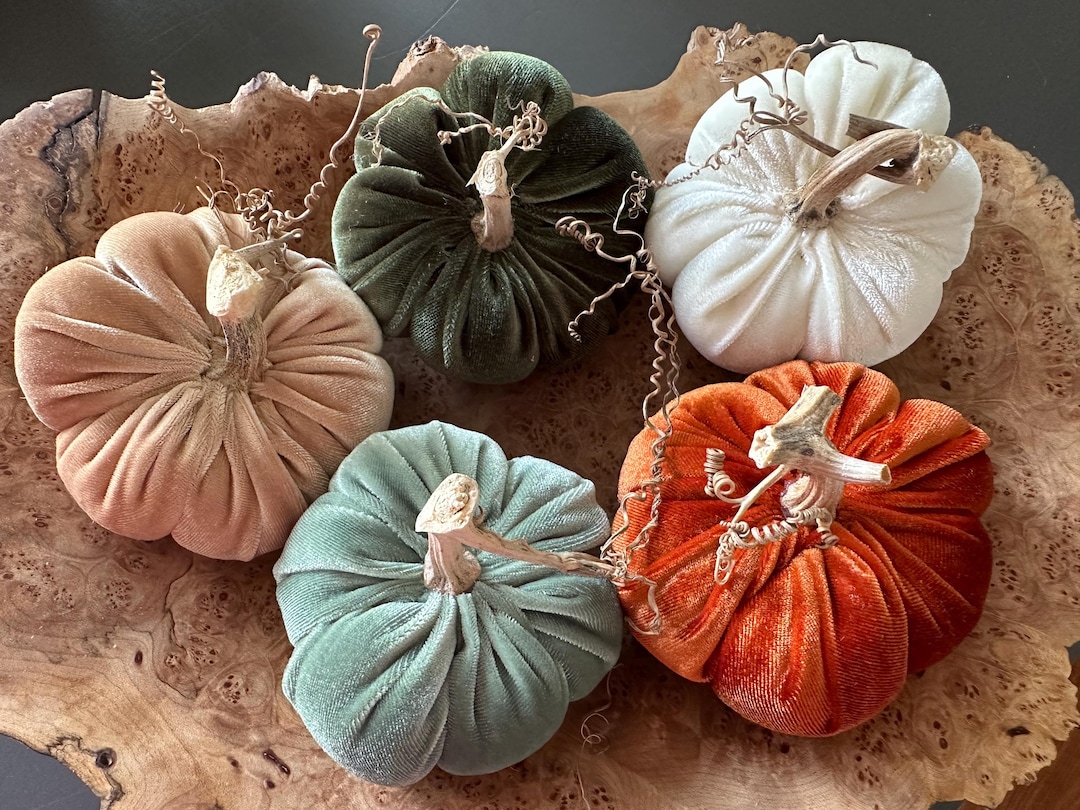 Burnt Orange Velvet Pumpkins With Real Stems, Green Pumpkins, Thanksgiving Decor, Farmhouse ...