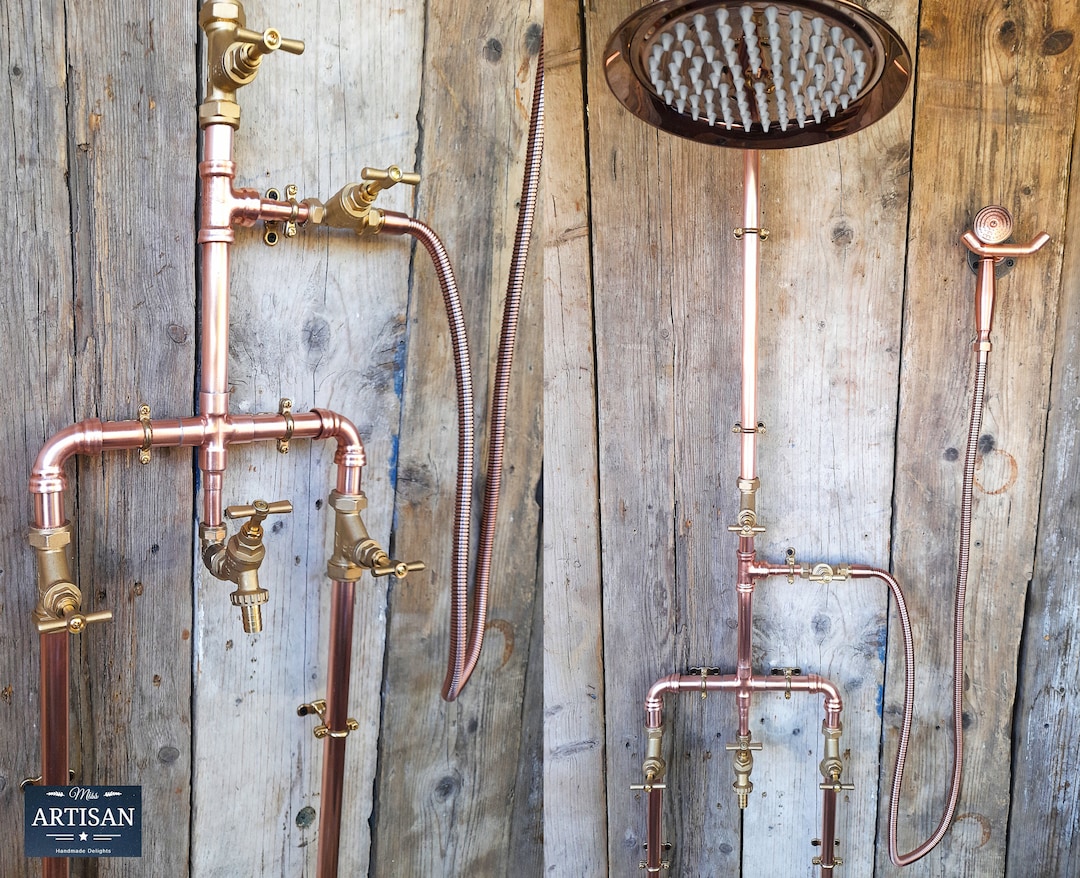 Copper Rainfall Shower With Hand Sprayer, Lower Tap and Down Pipes ...