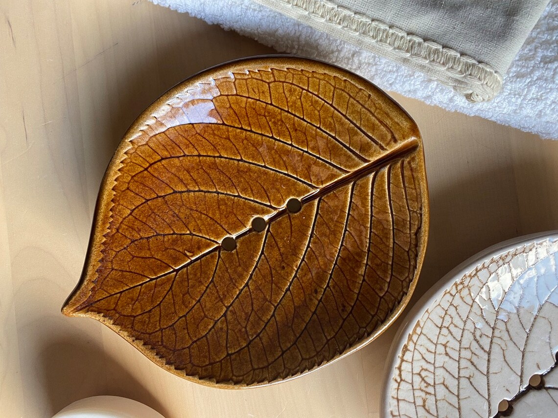 Ceramic Soap Dish Leaf Shaped With Holes Leaf Print Brown - Etsy