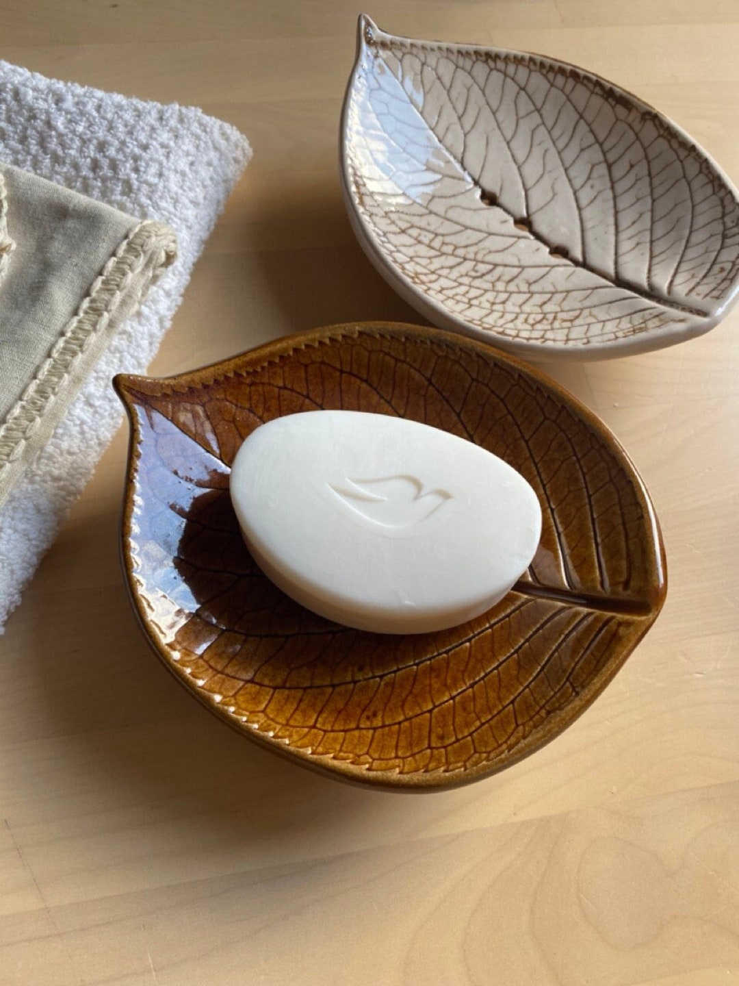 Ceramic Soap Dish Leaf Shaped With Holes, Leaf Print Brown Ceramic Soap ...