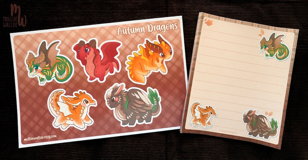 Autumn Dragons Stationery Set Notepad & Sticker Sheet Cute Dragons ...