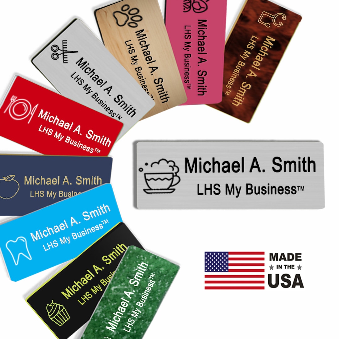 Business Name Badge for Work - Custom Engraved Brushed Steel Plastic ...