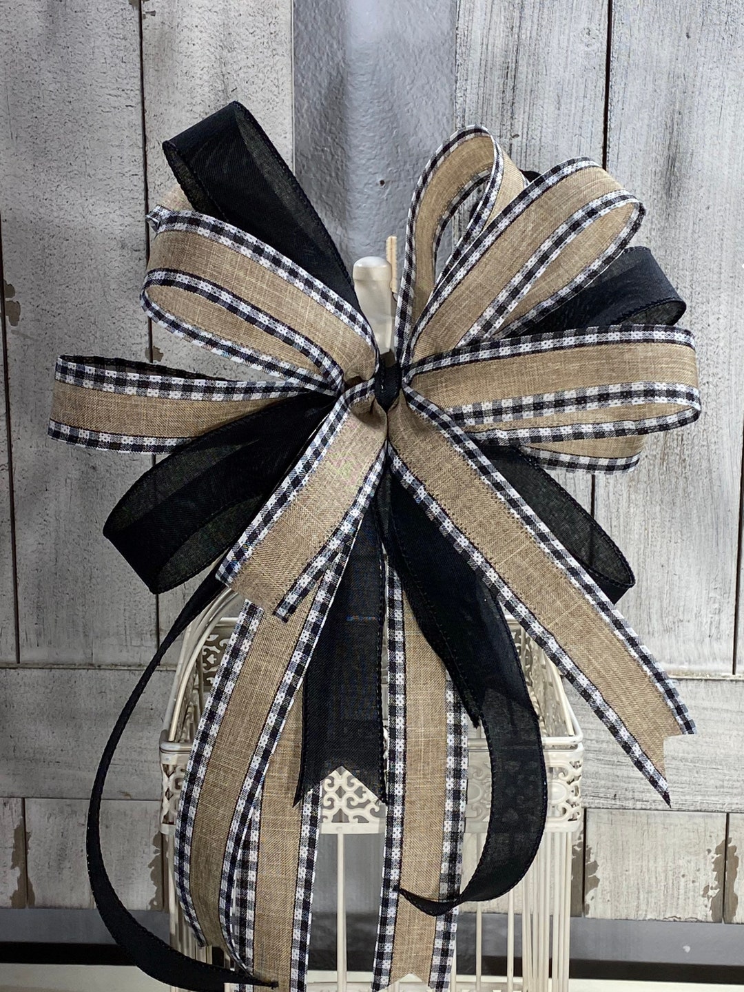 14” X 19” Farm House Bow, Country Style Bow, Burlap Check Bow, Lantern ...