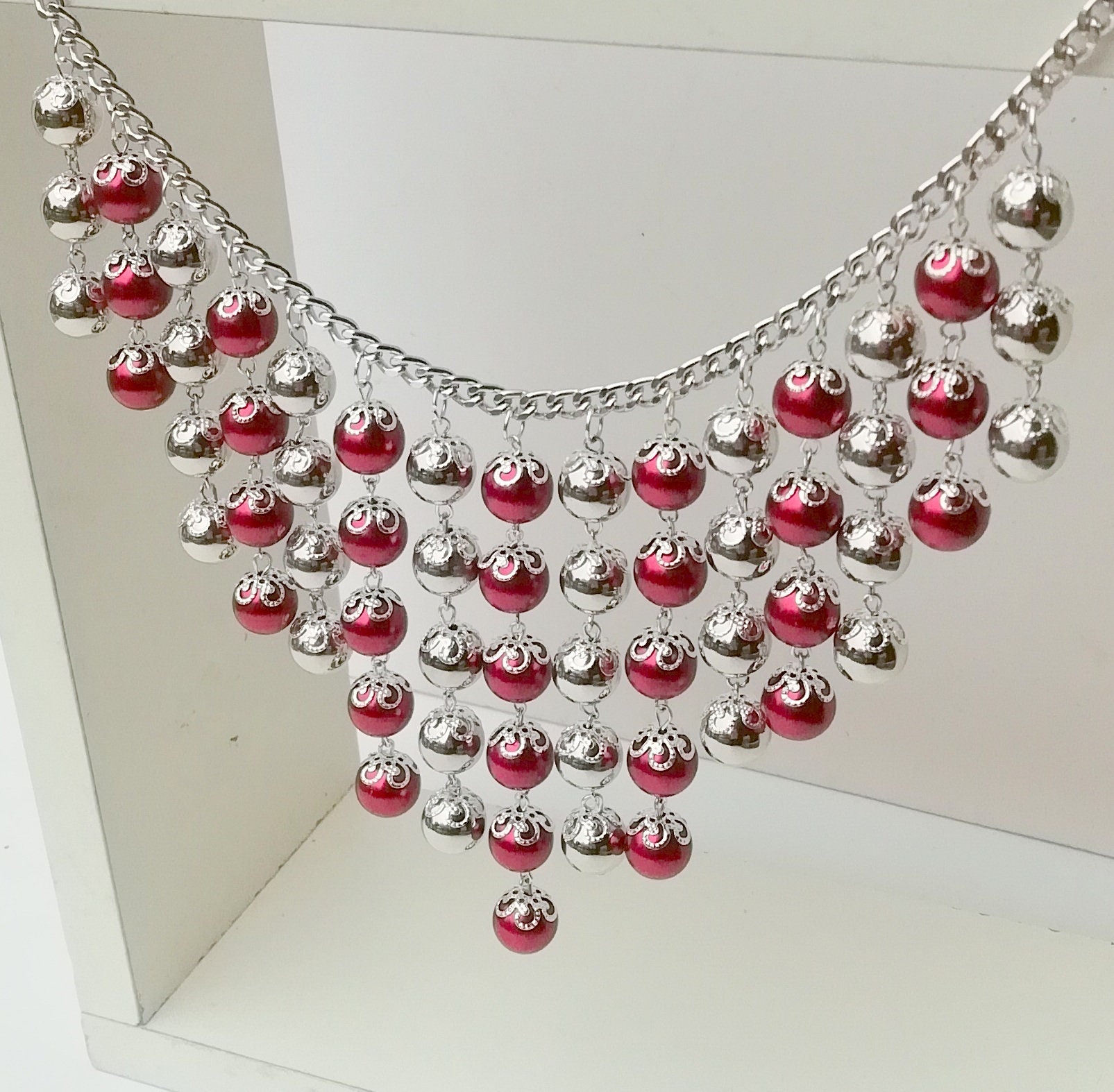 NakitAlesia Pearl Necklace Set Red and Silver Pearls with Silver Bead Caps Chain Pearl Necklace Waterfall Necklace Bib Pearl Necklace