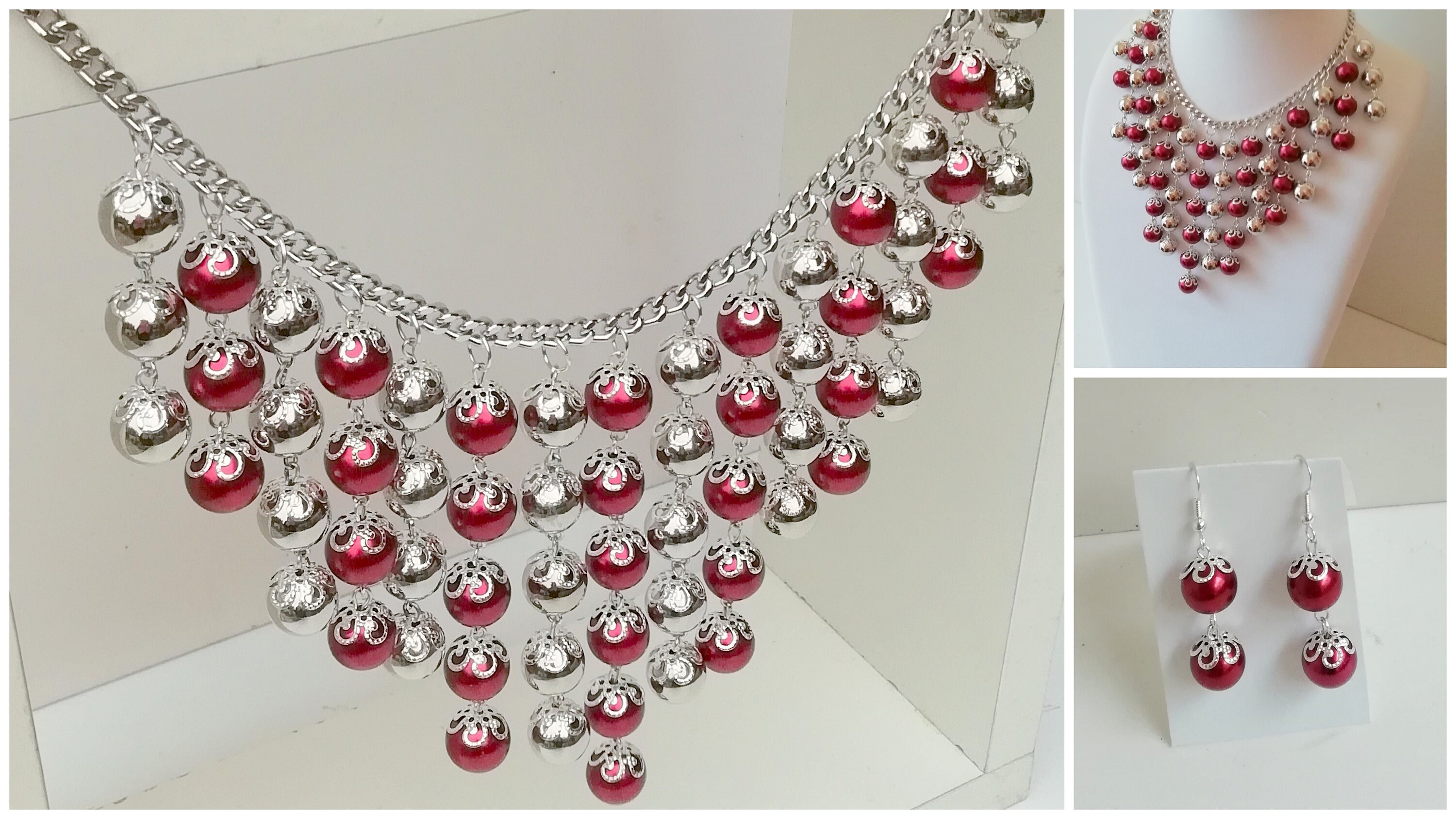 Pearl Necklace Set Red and Silver Pearls With Silver Bead Caps Chain Pearl Necklace Waterfall Necklace Bib Pearl Necklace Etsy