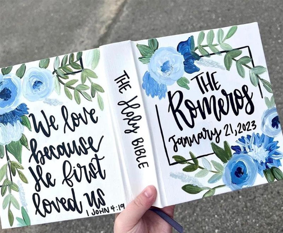 Blue Florals Wedding Bible Guestbook, Handpainted Custom, Journaling ...