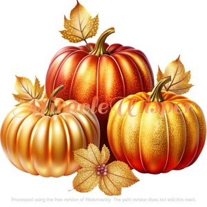 Pumpkin Clipart With Autumn Leaves, Golden Pumpkin Design, Thanksgiving ...