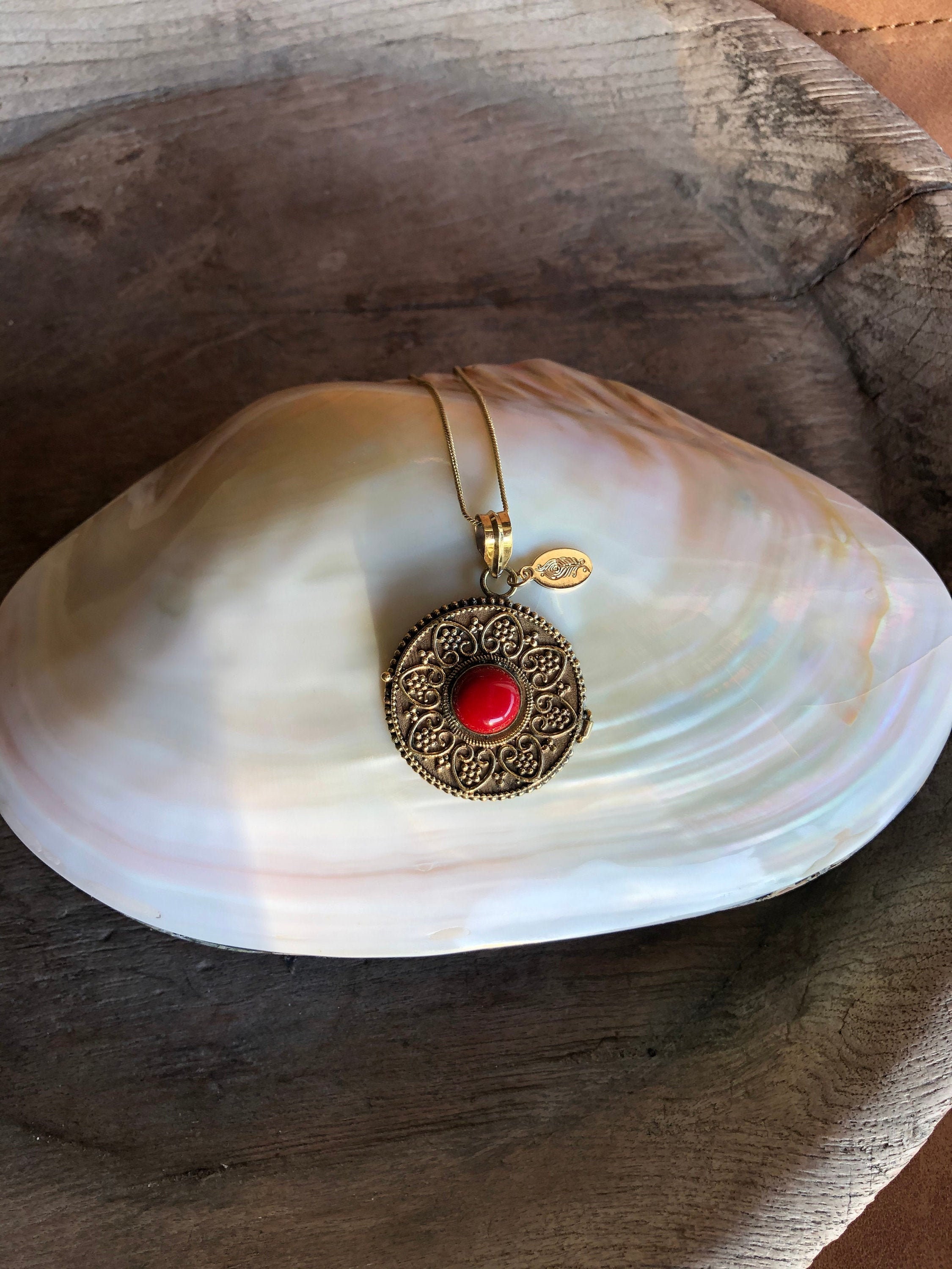 Gemstone Locket Brass Circle - Secret Box Pendant - Brass Pillbox ...