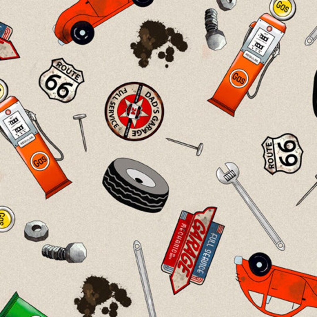 Mr Mechanic Motifs Toss Beige 28874-K Cotton Quilting Fabric 1/2 YARD ...