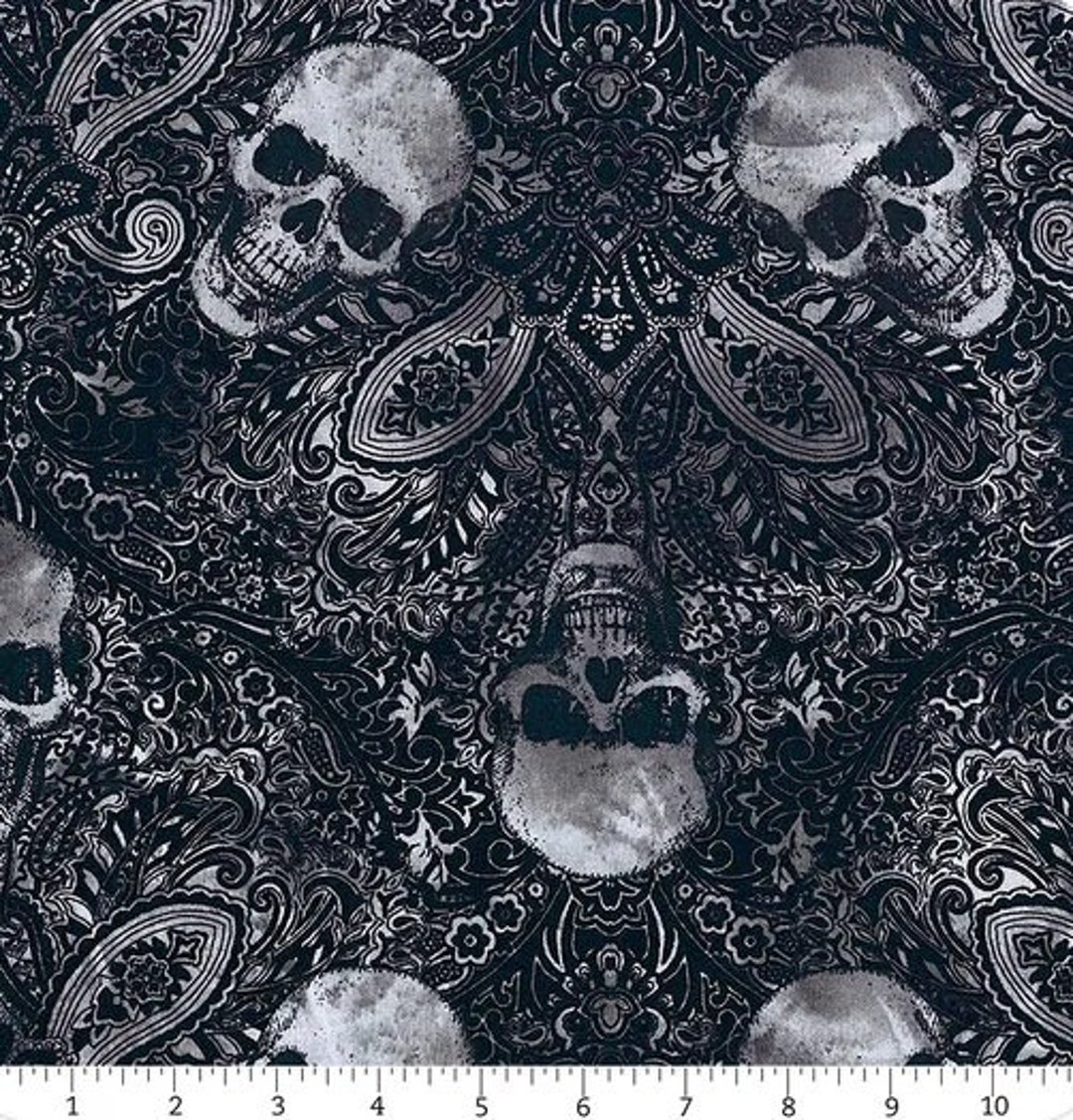 Halloween Wicked Fog Skulls Filagree Black Cotton Quilting Fabric 1/2 ...