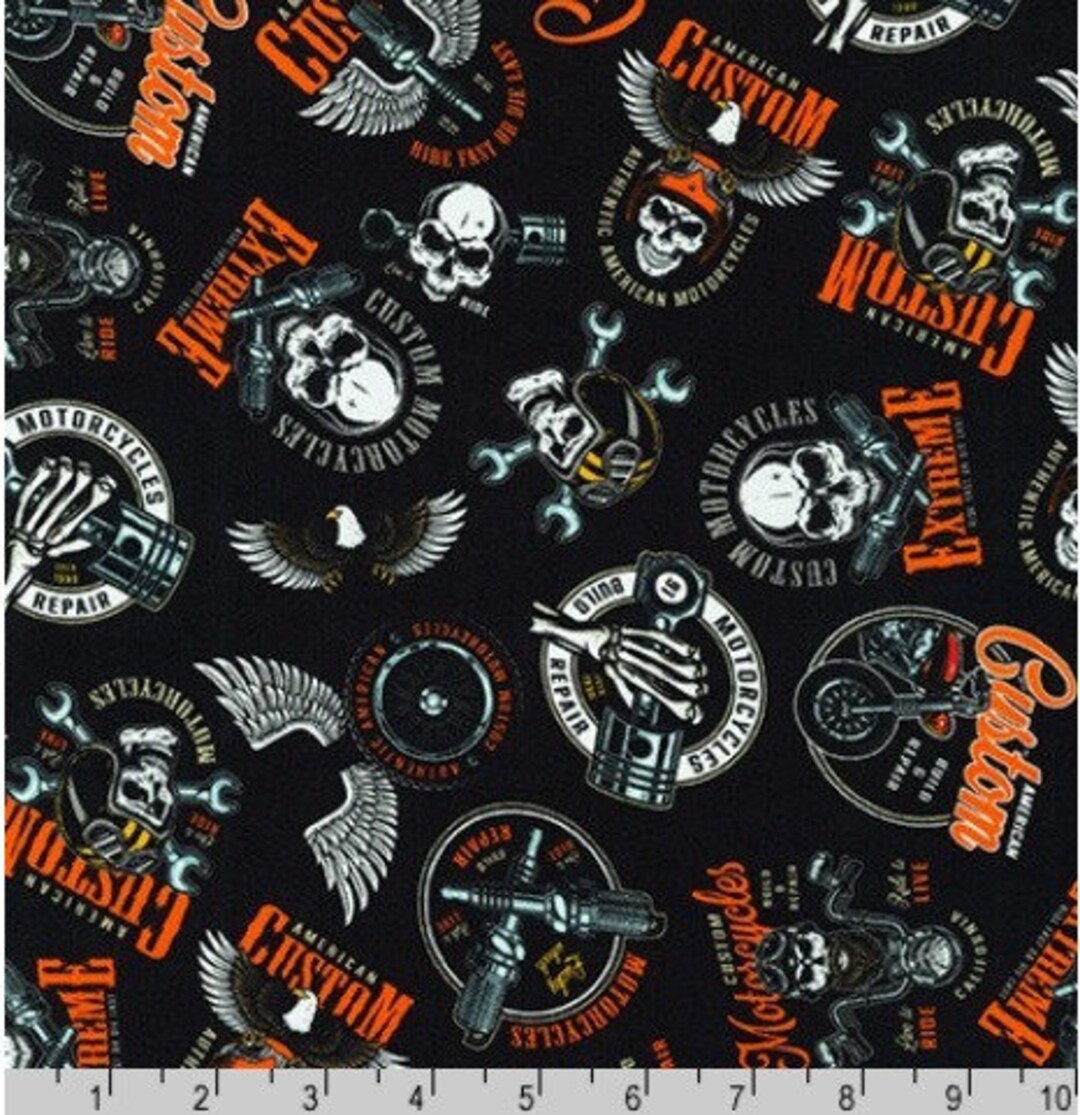 On the Road Motorcycle Motorbike Logos Black Cotton Quilting Fabric 1/2 ...