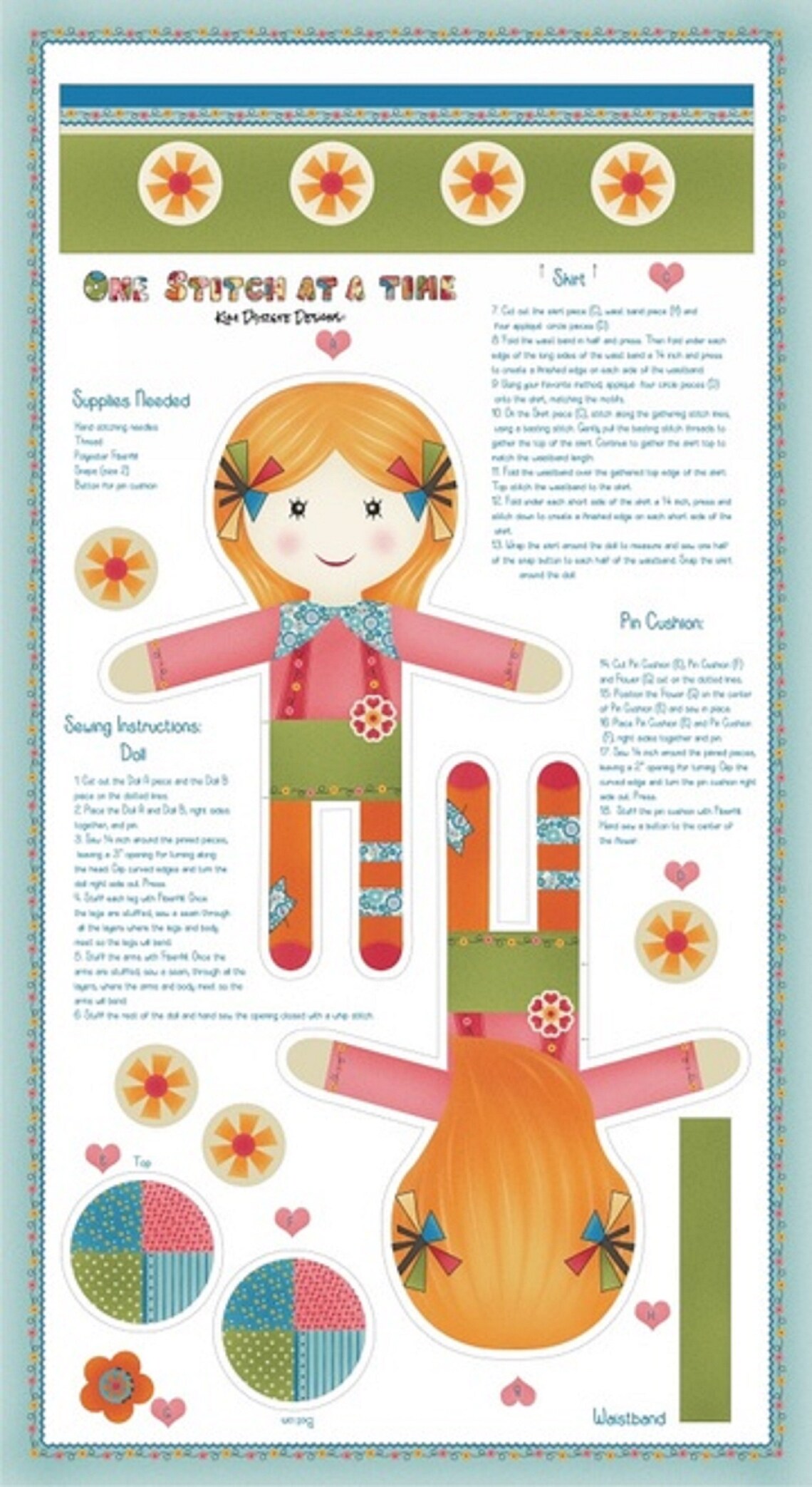 One Stitch at A Time Doll Pattern White Cotton Quilting Fabric Panel - Etsy