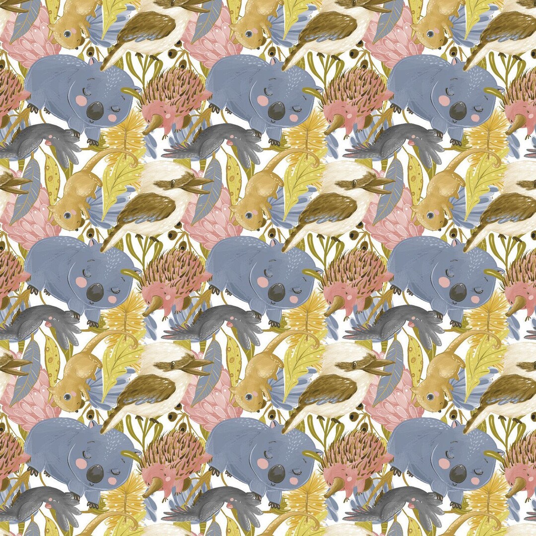 Australian Wombats Kookaburras Echidnas Cotton Quilting Fabric 1/2 YARD ...